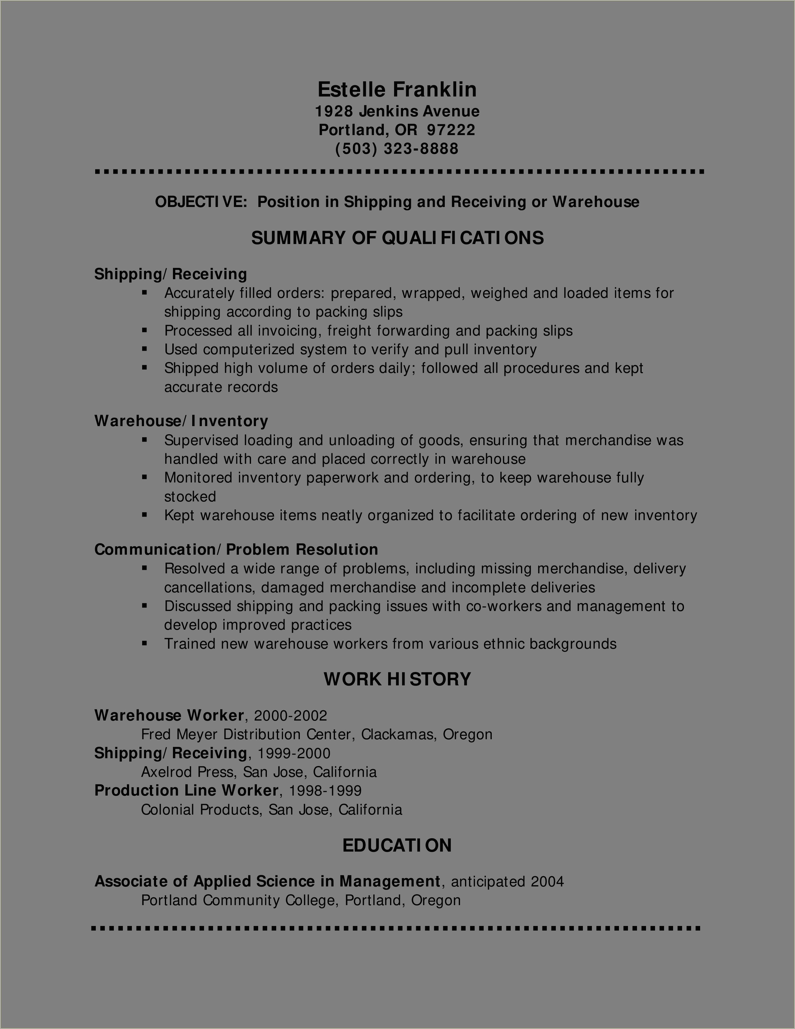 Resume Template For Warehousing Job Resume Example Gallery