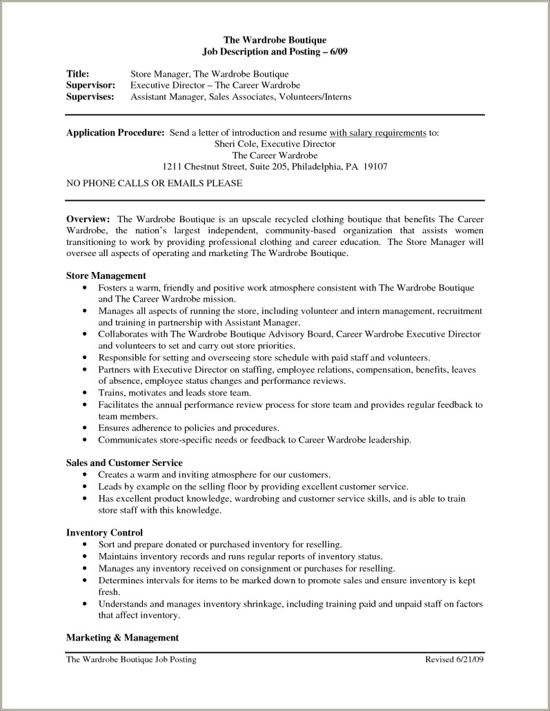 Job Description For Retail Resume Resume Example Gallery