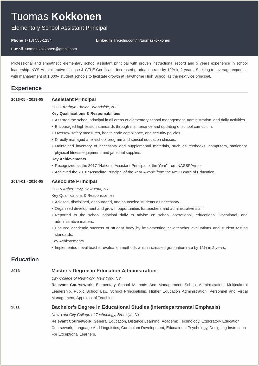 Sample Resume For Principal Position Resume Example Gallery