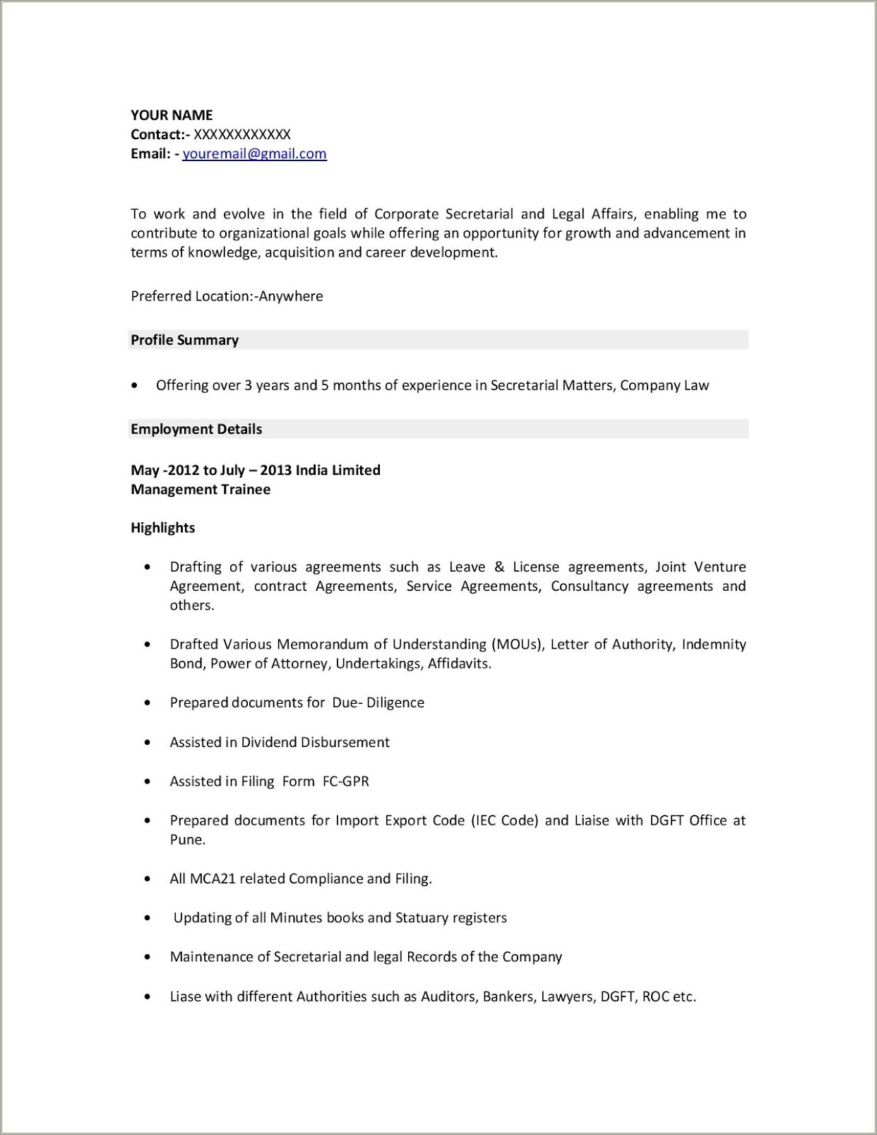 Sample Company Secretary Resume India Resume Example Gallery sample-company-secretary-resume-india-resume-example-gallery