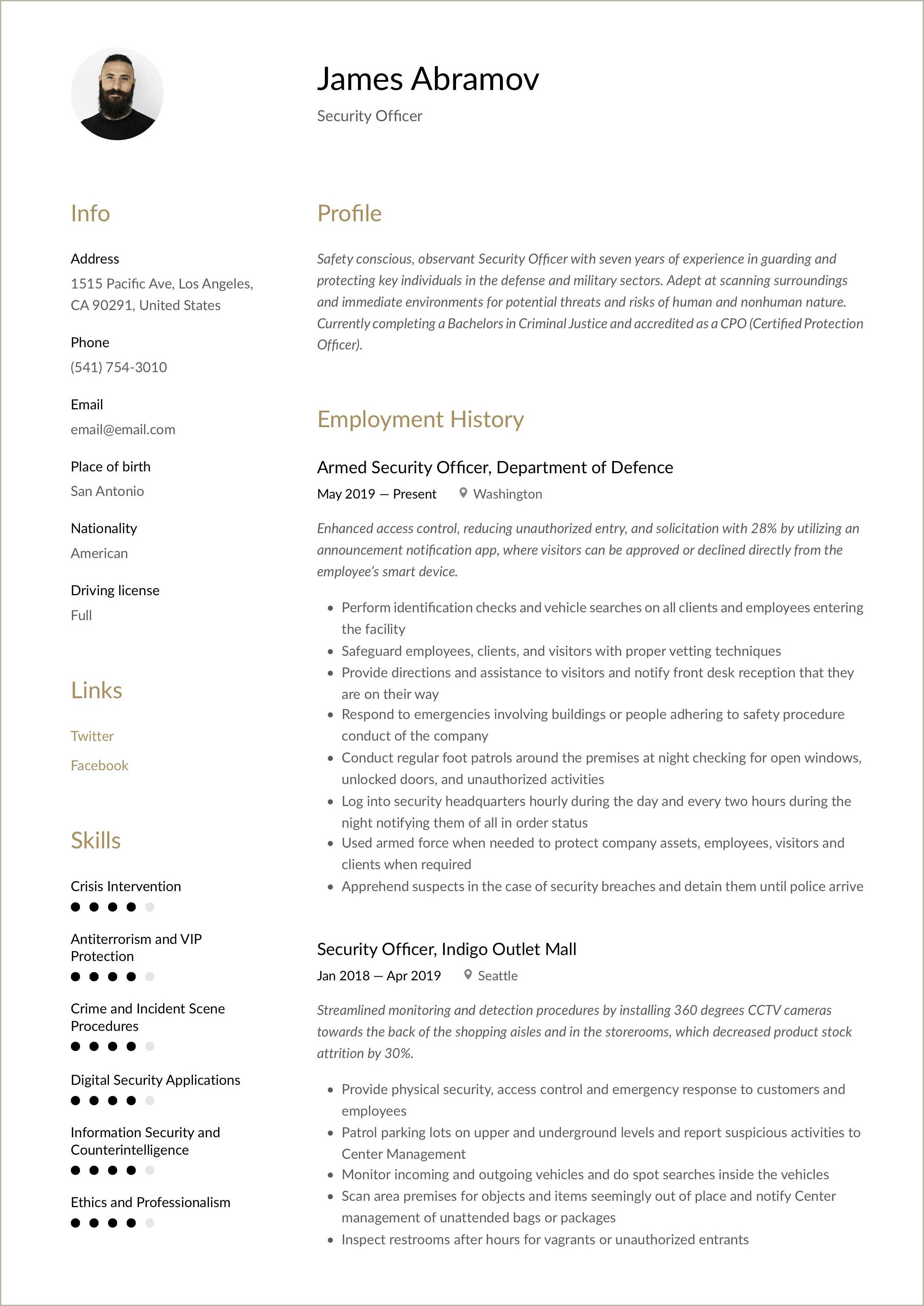 Sample For Security Guard Resume Resume Example Gallery Sample For Security Guard Resume Resume Example Gallery