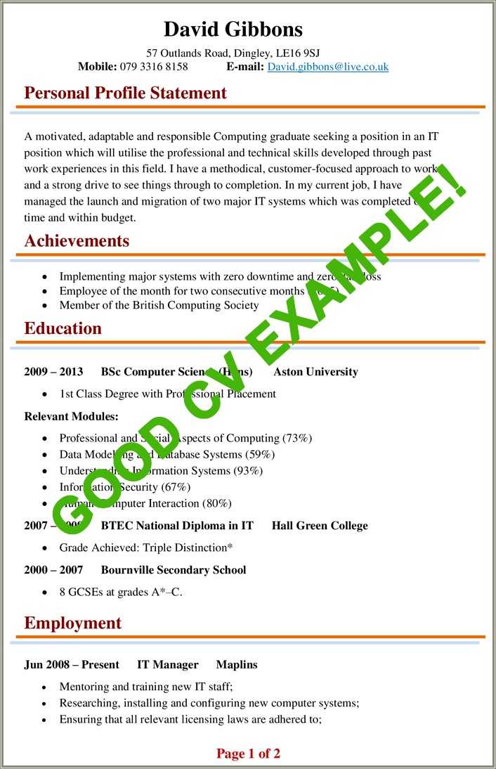Project Manager Professional Profile Sample