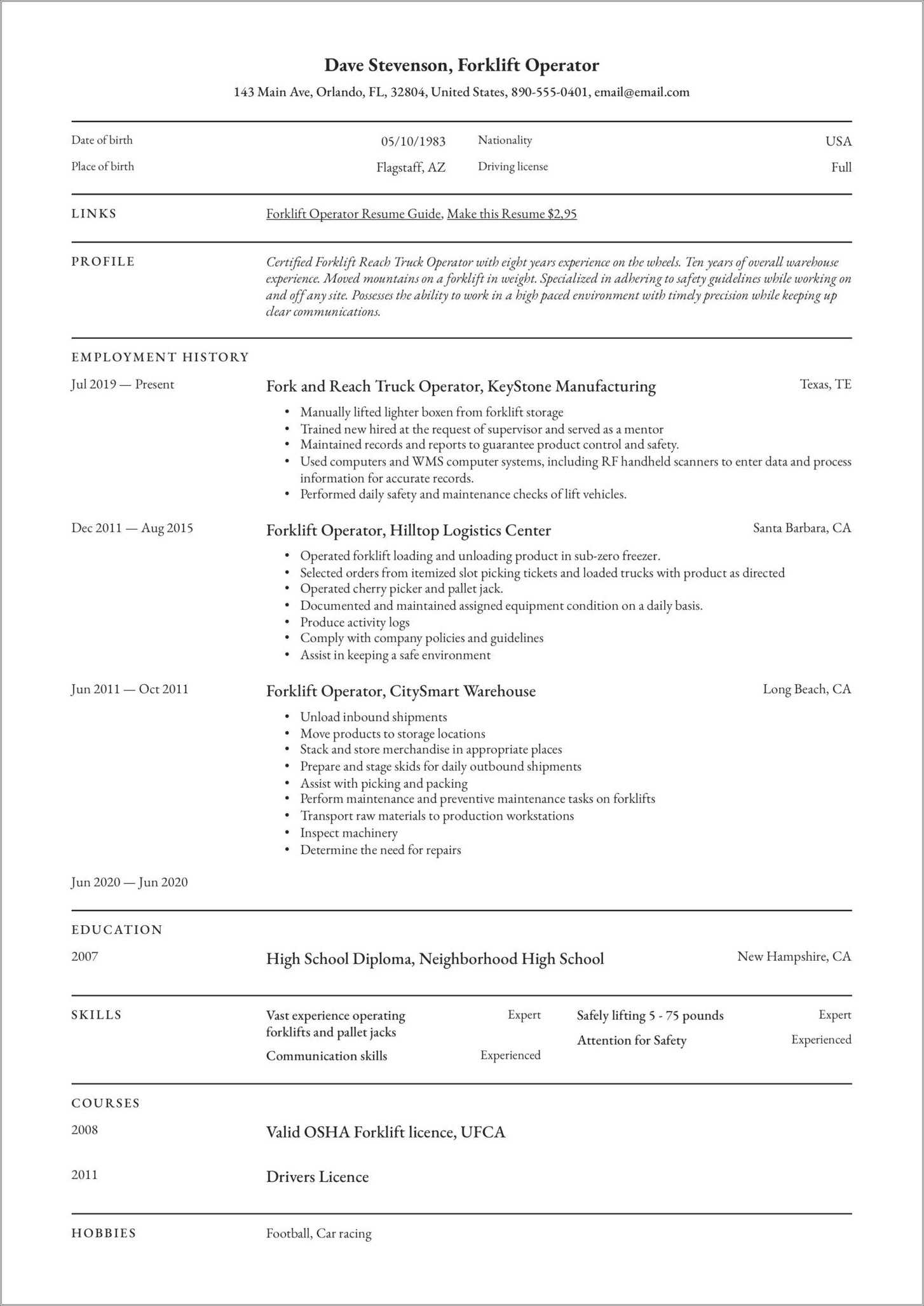 Sample Resume Certified Forklift Operator Resume Example Gallery sample-resume-certified-forklift-operator-resume-example-gallery