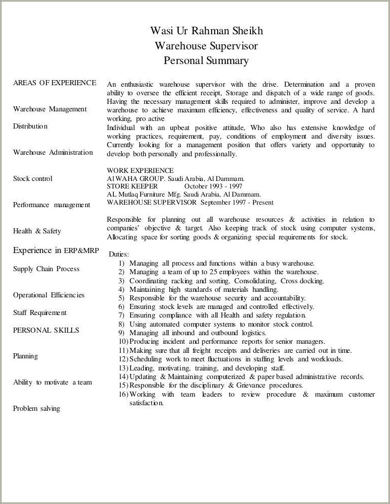 Sample Resume For Supervisor Position Resume Example Gallery