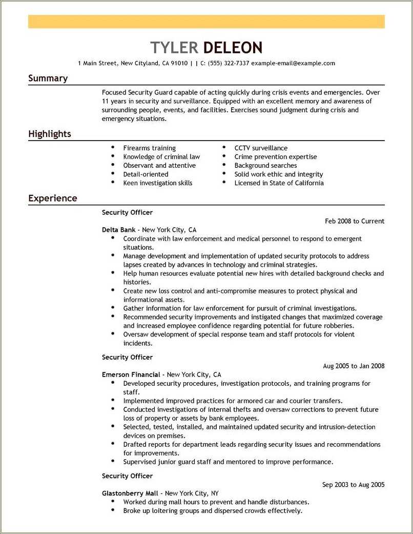 Security Guard Resume Sample Canada Resume Example Gallery