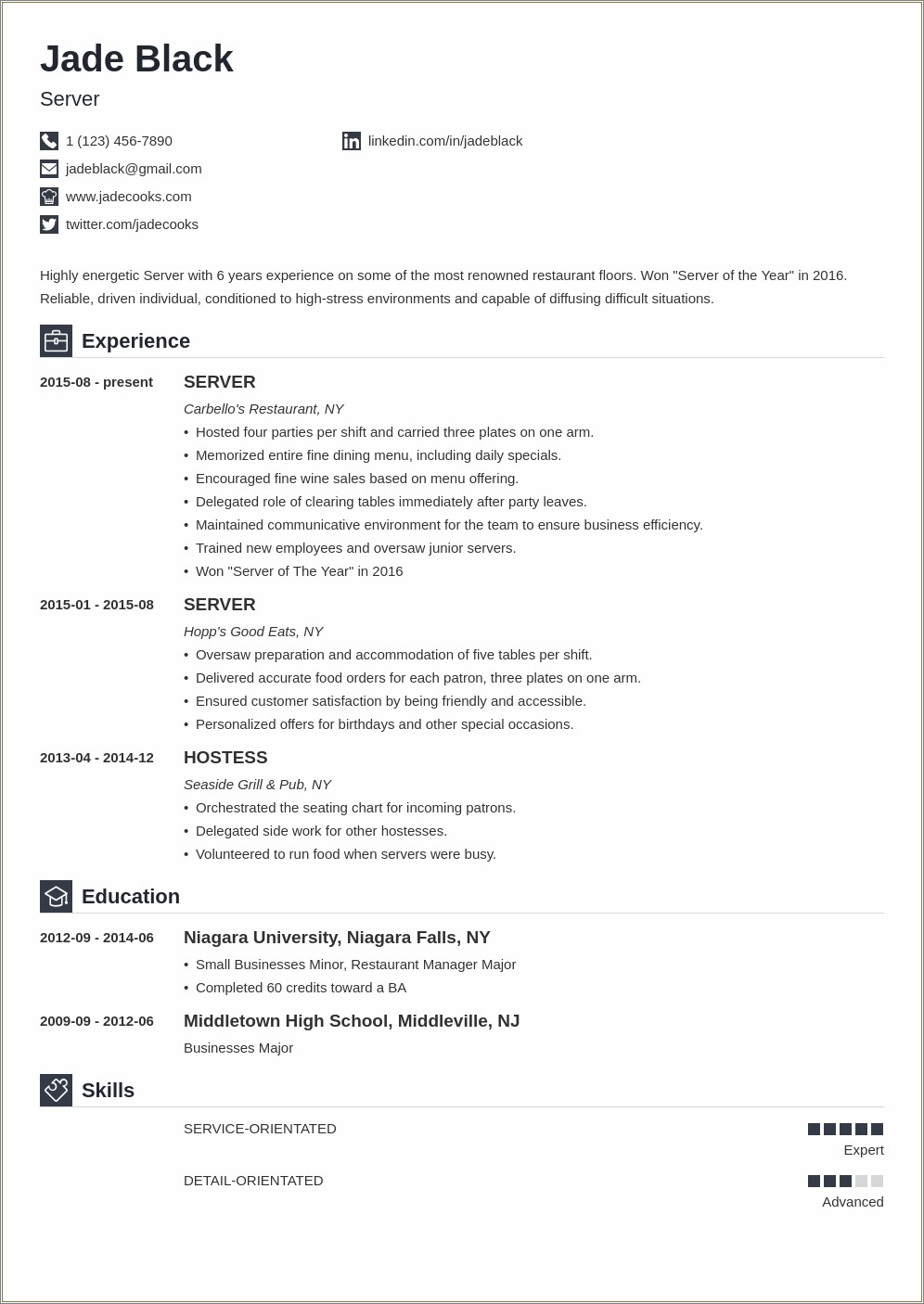 Server Job Description Skills Resume Resume Example Gallery