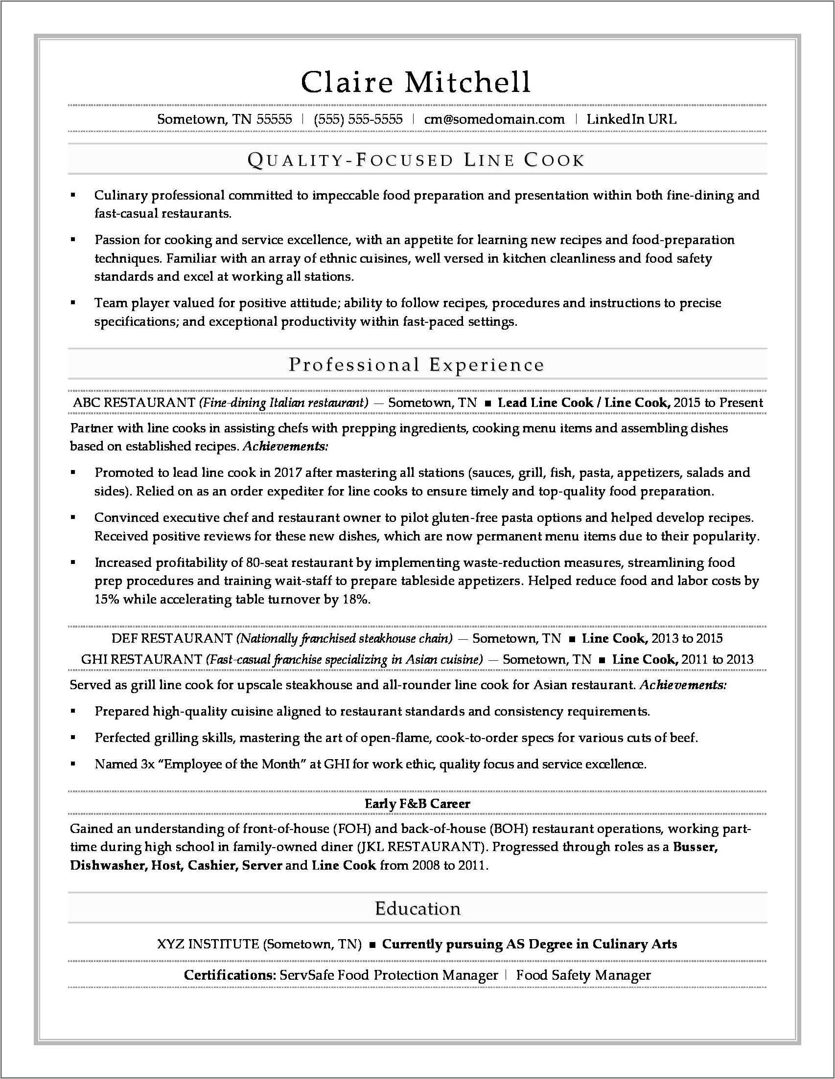 Cook Job Objective Sample