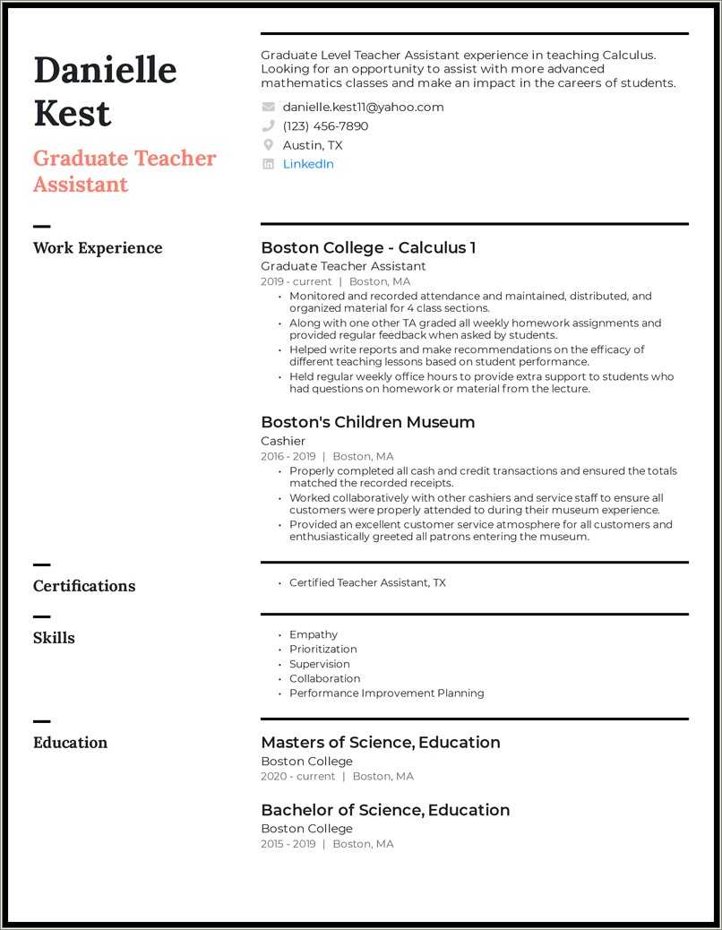 Skills For Teaching Assistant Resume Resume Example Gallery