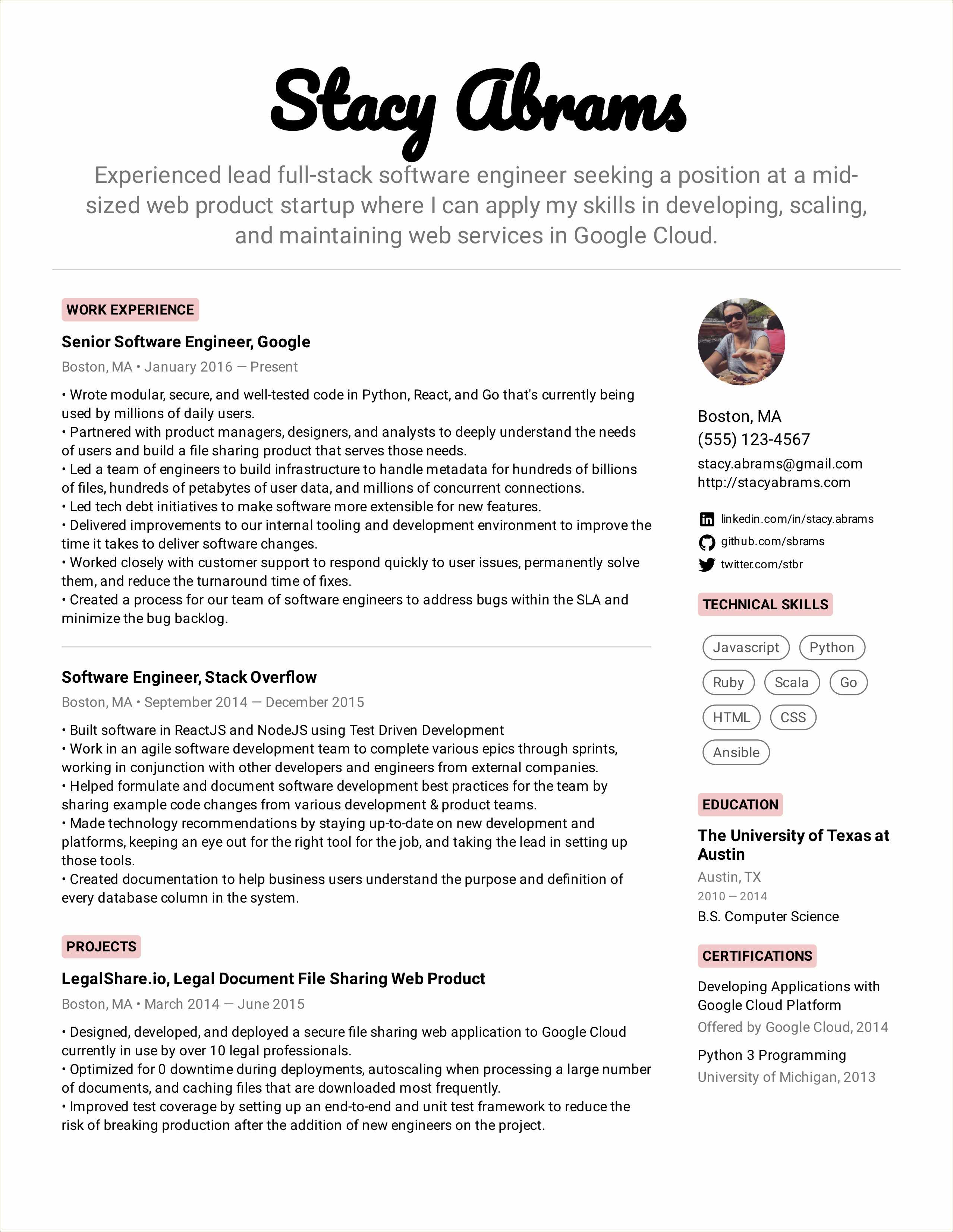 Software Developer Resume Example Objective Resume Example Gallery
