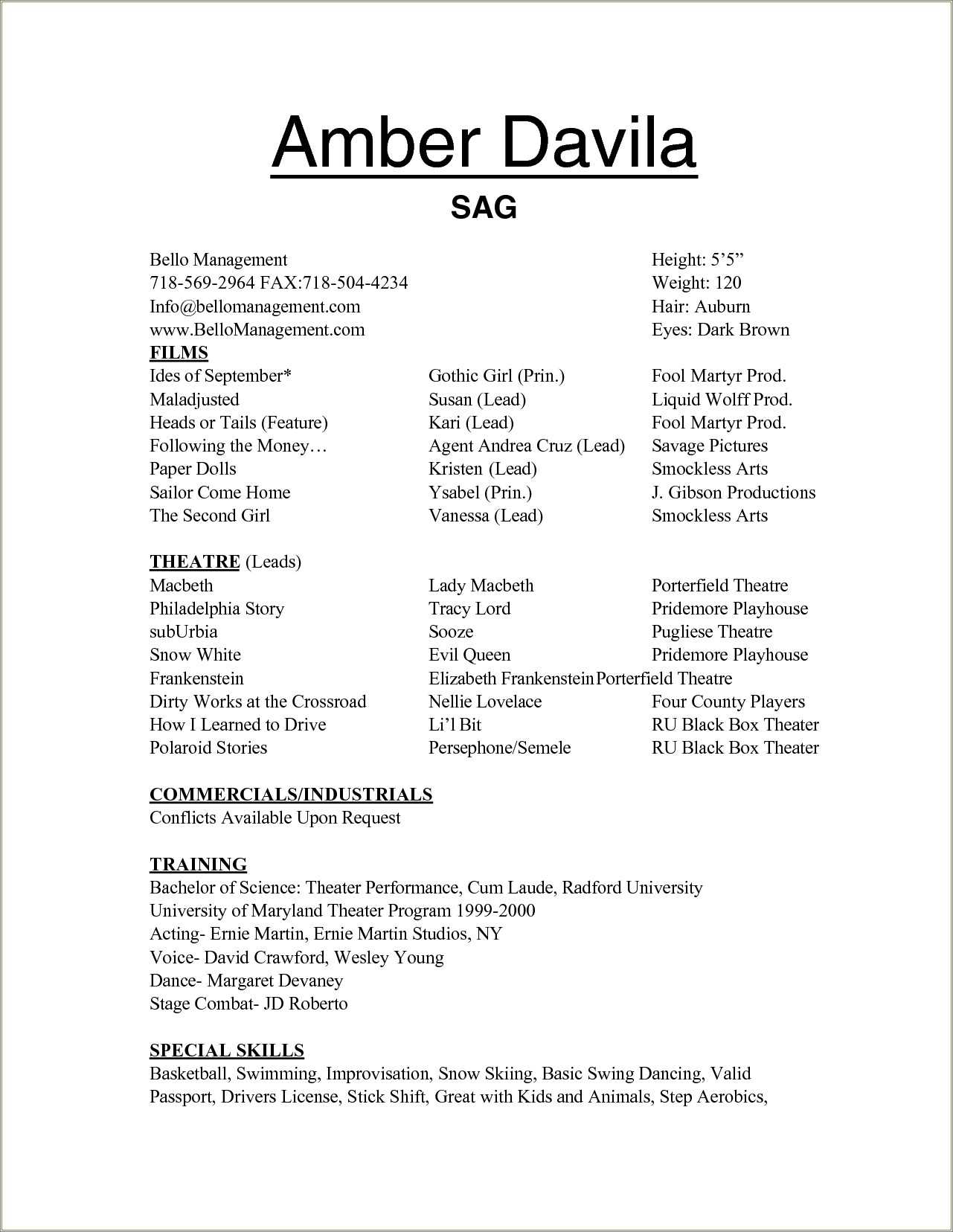 Special Skills On Resume Acting Resume Example Gallery