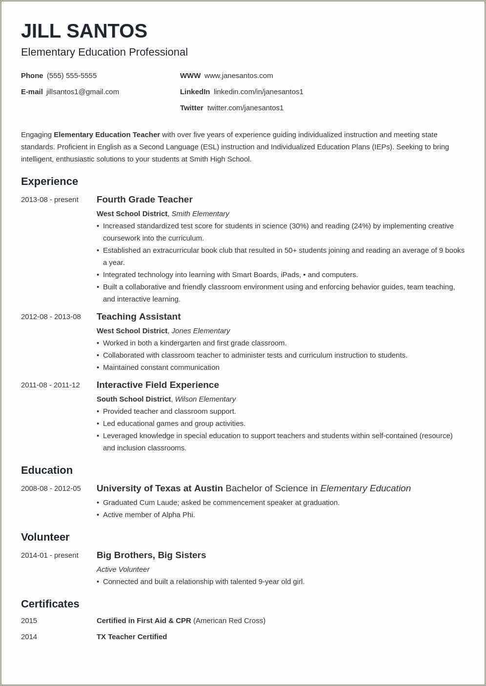 Teacher Resume Career Summary Examples Resume Example Gallery