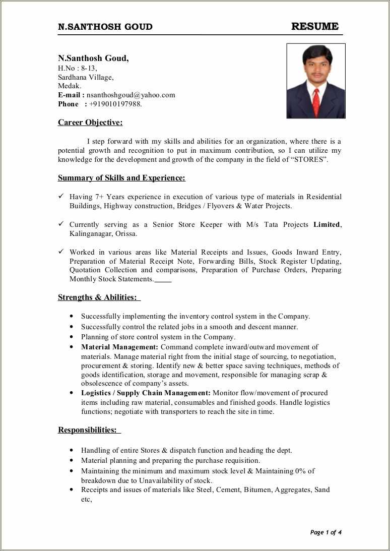 Construction Store Keeper Resume Sample Word Resume Example Gallery