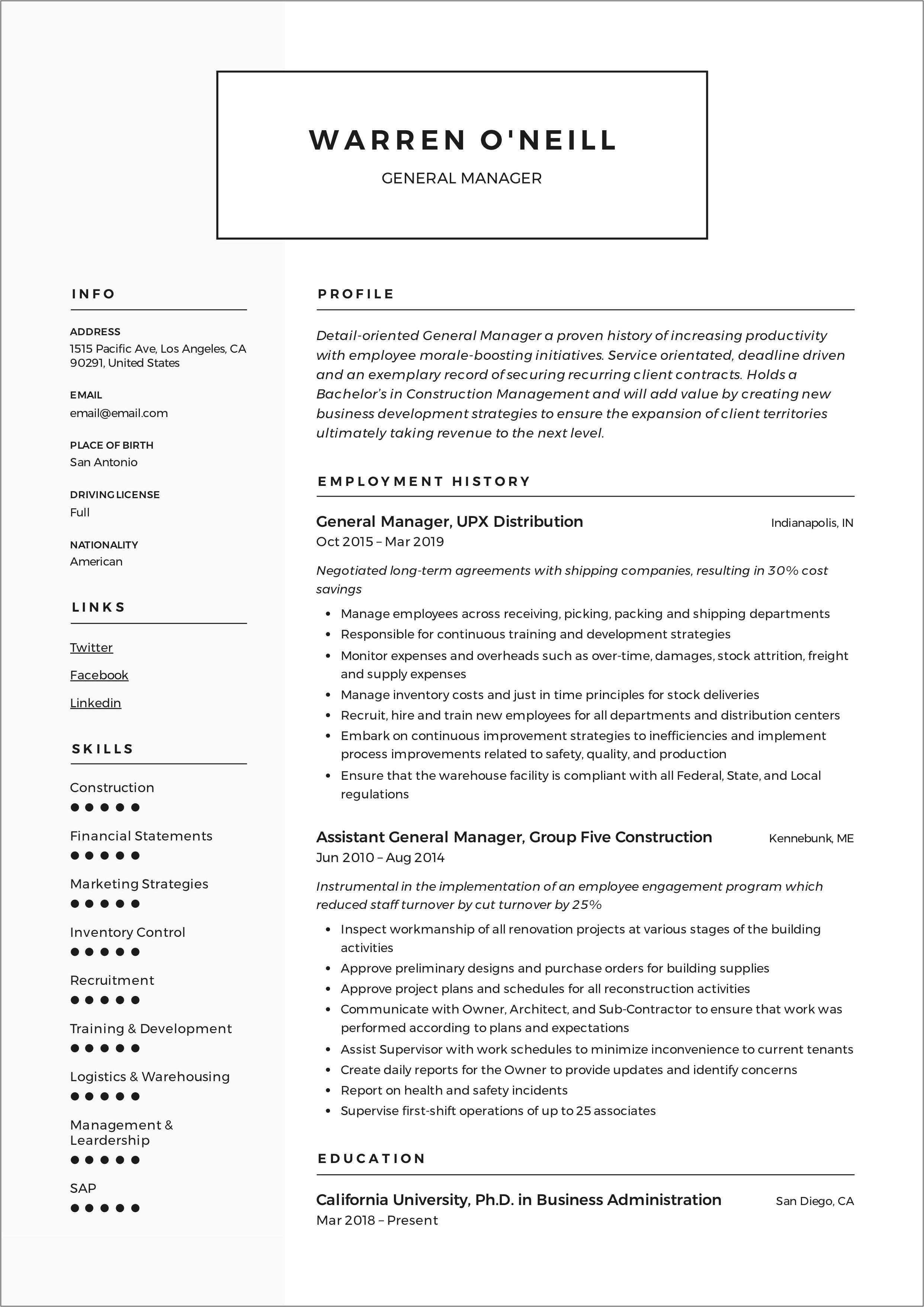 Resume Job Description For General Manager Resume Example Gallery