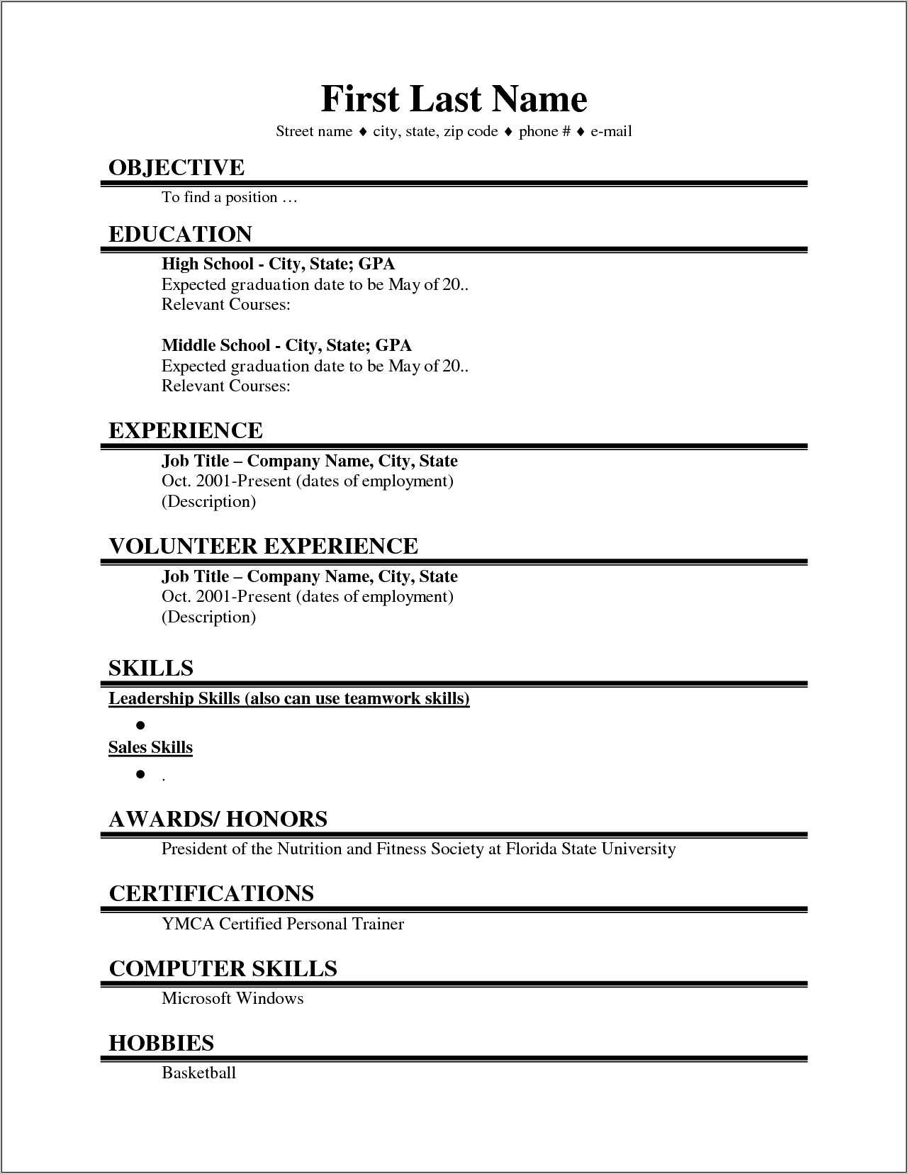 Resume Template First Job High School Resume Example Gallery resume-template-first-job-high-school-resume-example-gallery