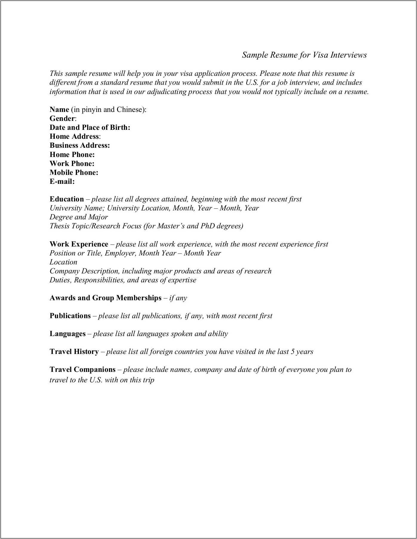 Sample Cv Resume For Canada Embassy Resume Example Gallery