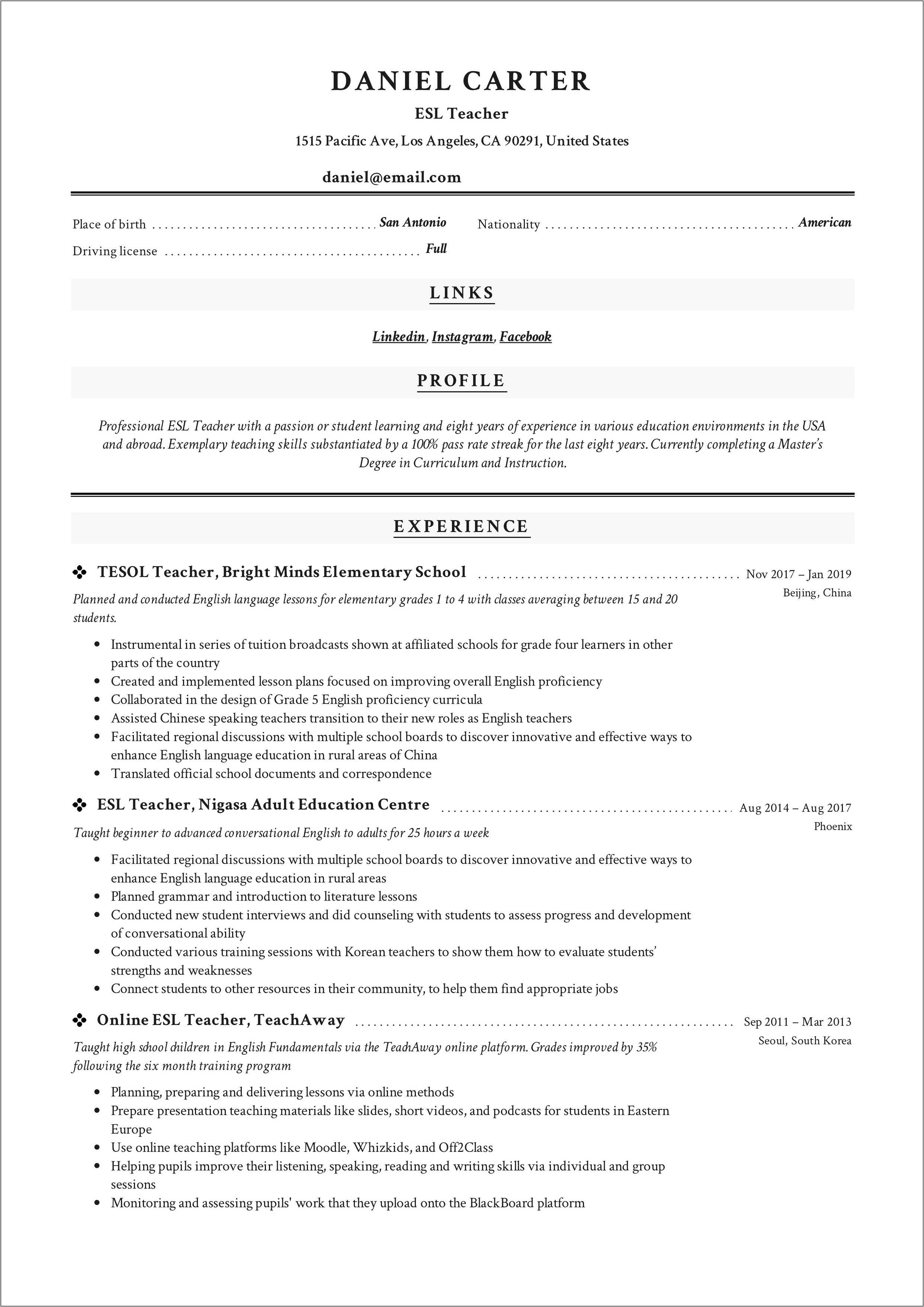 Sample Objectives For Resume Esl Teachers Resume Example Gallery sample-objectives-for-resume-esl-teachers-resume-example-gallery