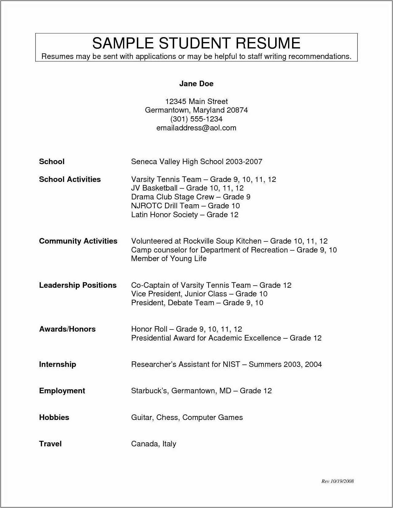 Sample Resume For Class 12 Student - Resume Example Gallery