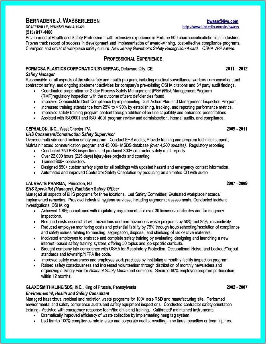 Sample Resume For Environmental Health And Safety - Resume Example Gallery Sample Resume For Environmental Health And Safety - Resume Example Gallery