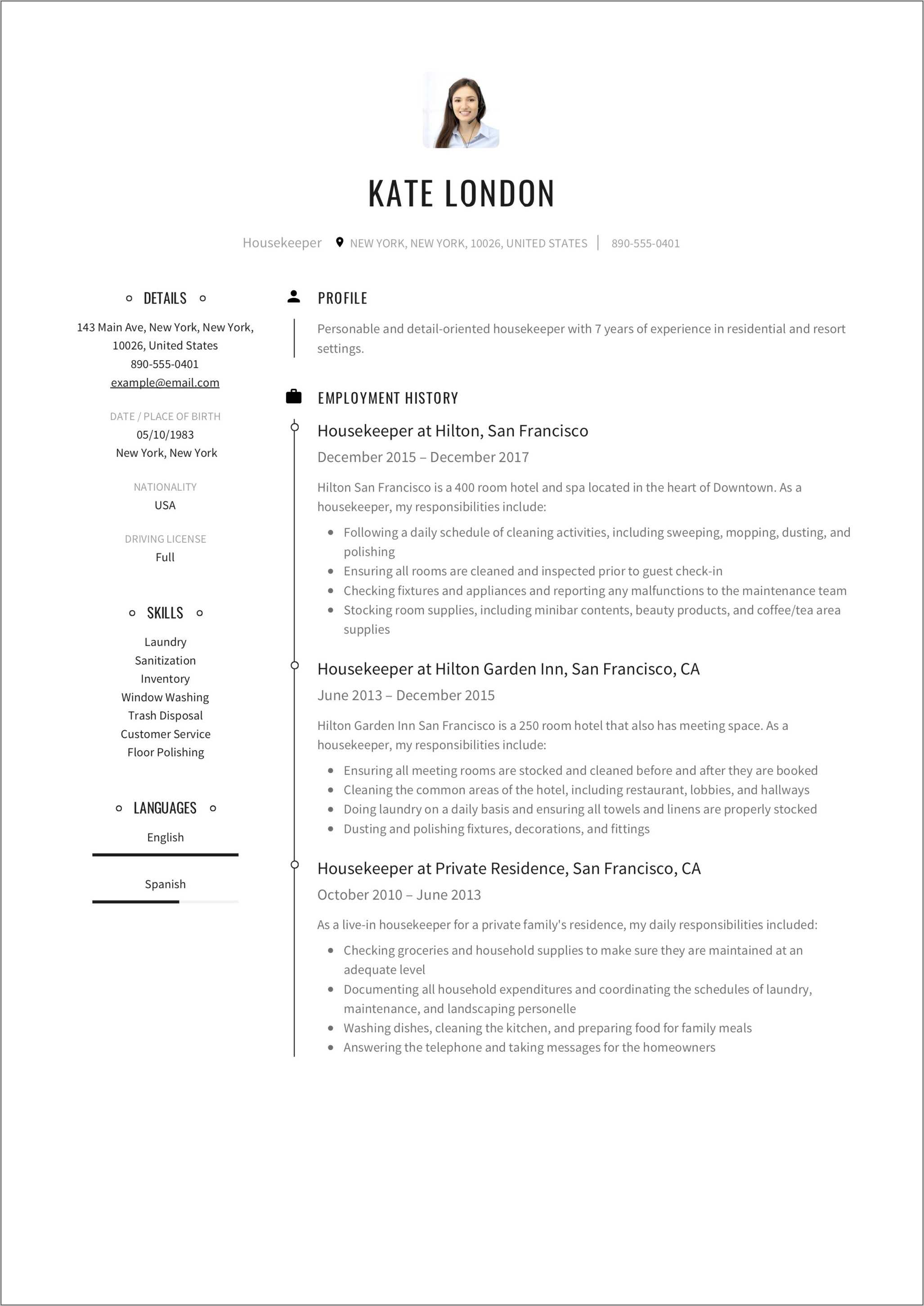 Sample Resume For Housekeeping Supervisor Position Resume Example Gallery